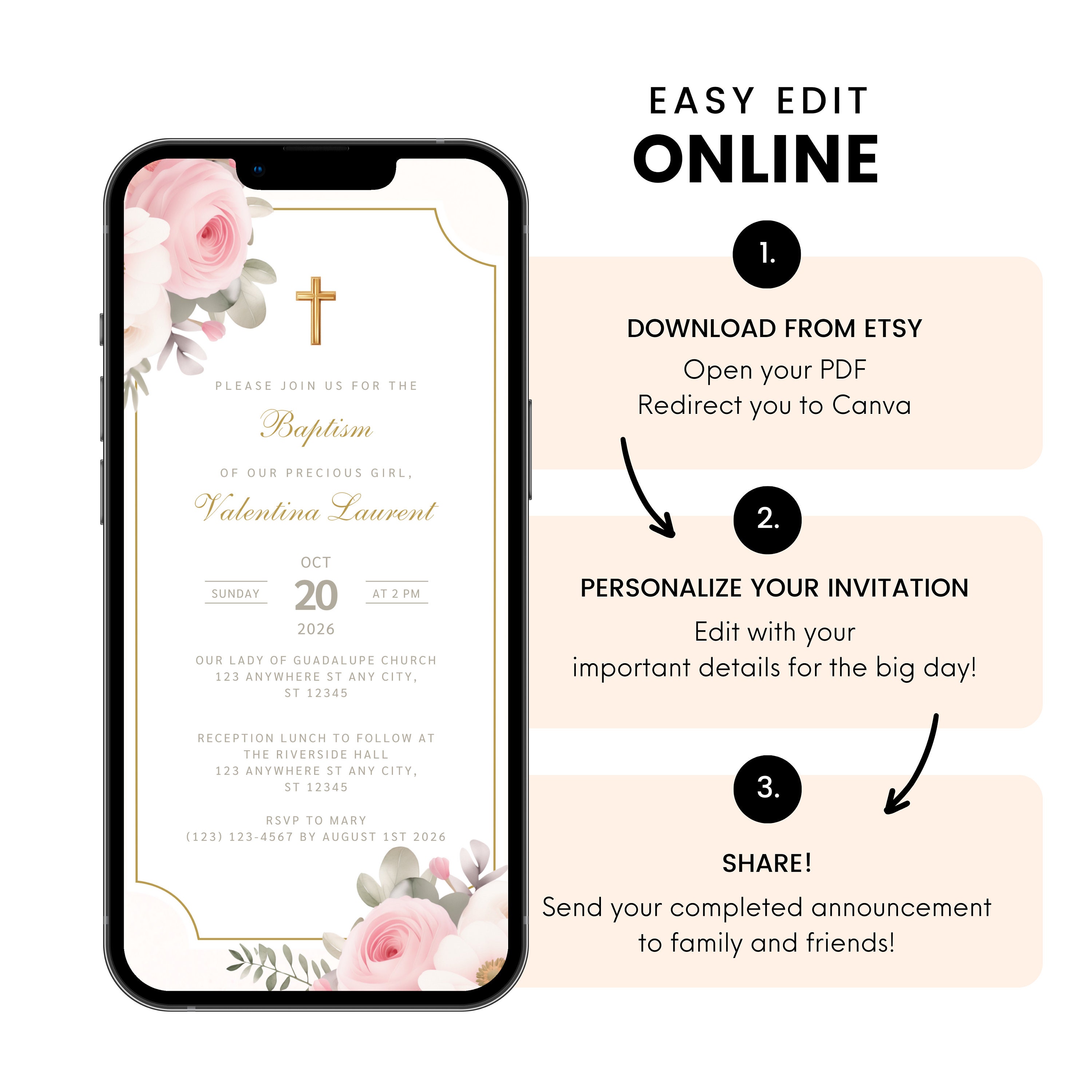 Baptism Invitation Editable Template, Customizable Christening, DIY ...
