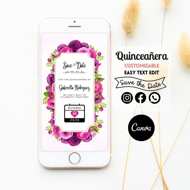 Quinceañera Save the Date Editable Template, Canva Quinceanera, DIY ...