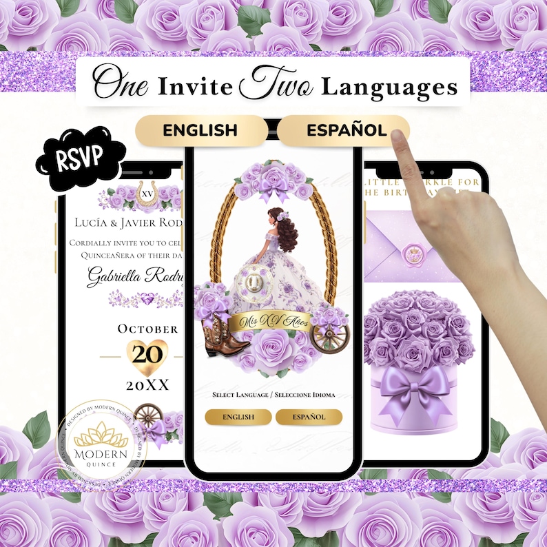 Lilac Purple Quinceañera Invitation • RSVP Digital Invite • Interactive ...