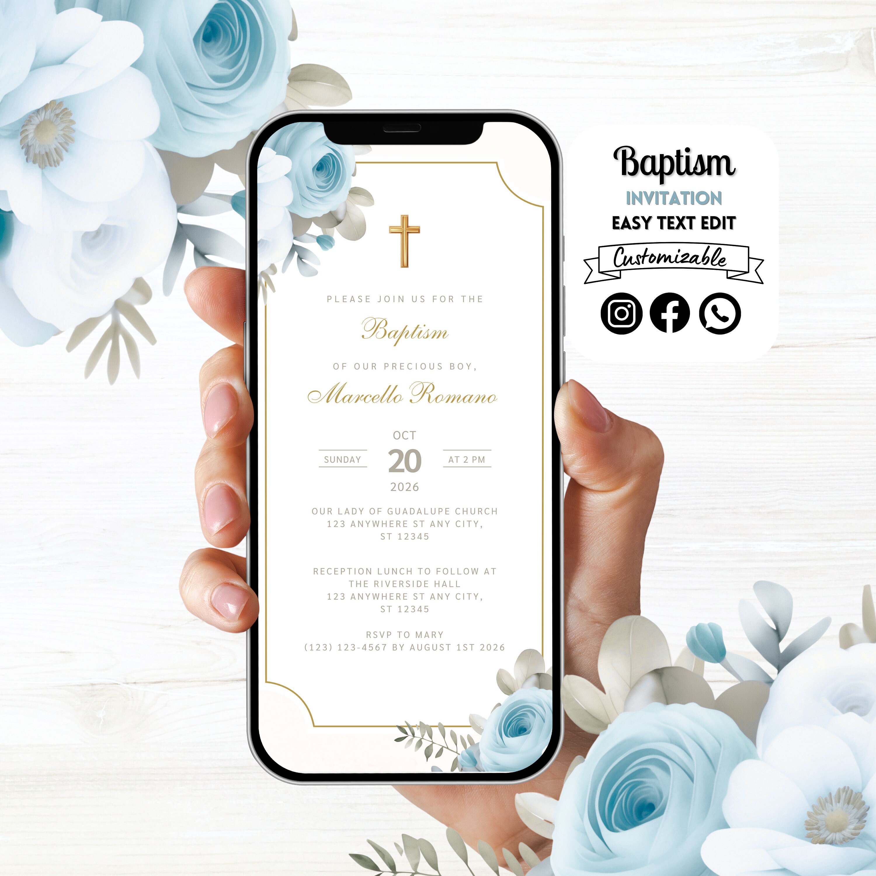 Baptism Invitation Editable Template, Customizable Christening, DIY ...