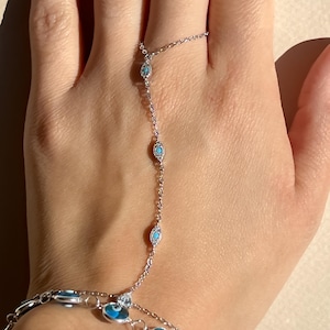 Turquoise Evil Eye Dainty Multi Stone Handchain Bracelet CZ Evil Eye Silver Hand Chain Bracelet ...