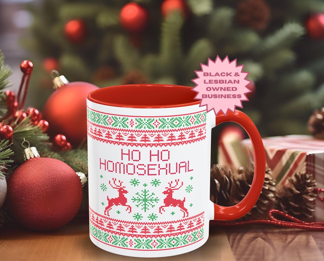 LGBTQ+ Holiday Ceramic Coffee Mug With Colorful Handle, Ho Ho ...