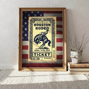 Patriotic Houston Rodeo Ticket Wall Art, Americana Cowboy Poster ...