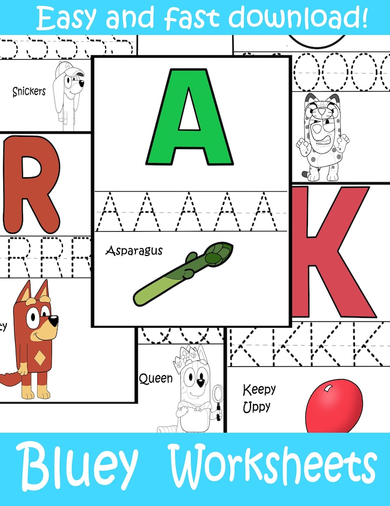 Bluey A-Z Preschool Worksheets - Etsy