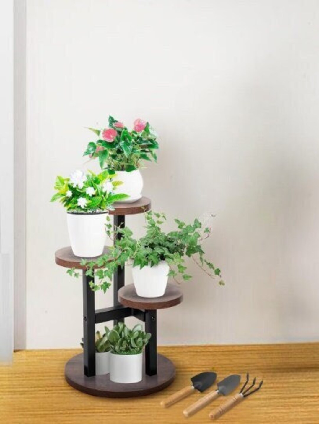 3 Tiered Wood & Metal Round Plant Stand Indoor Plant Stand Modern Plant ...