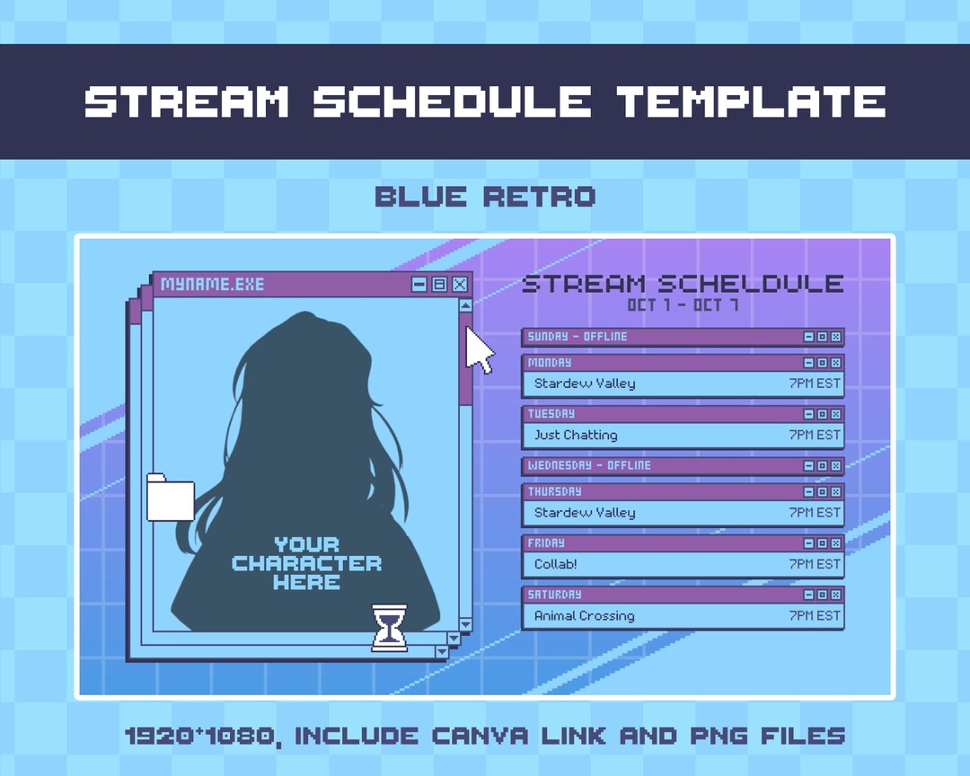 Pixel Art Blue Retro Weekly Stream Schedule Template for Streamer ...
