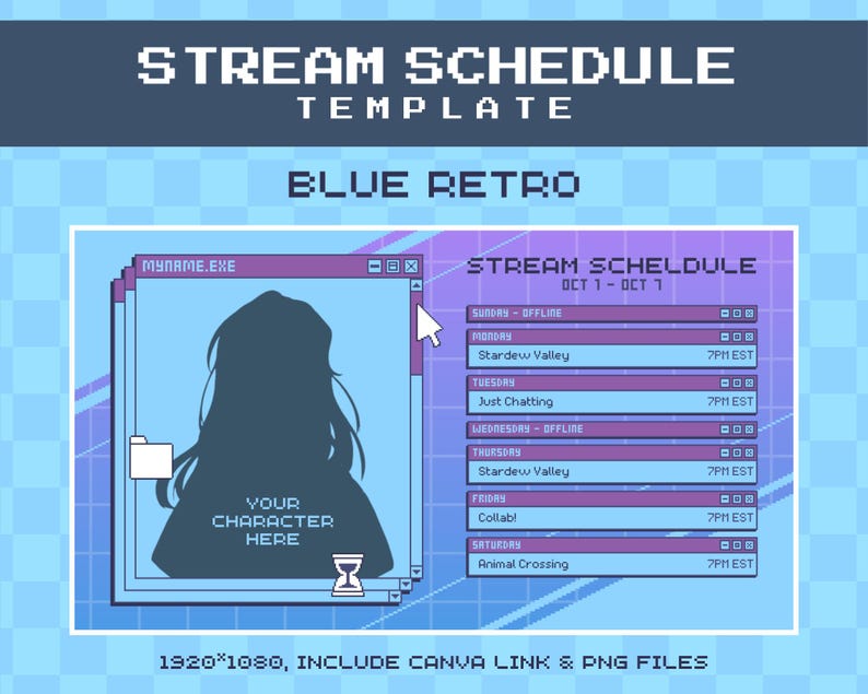 Pixel Art Blue Retro Weekly Stream Schedule Template for Streamer ...