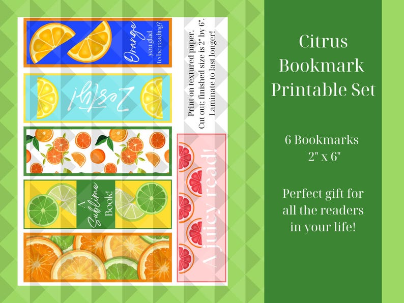 Citrus Bookmarks Printable: Lemon, Lime, Orange, Grapefruit (PDF ...