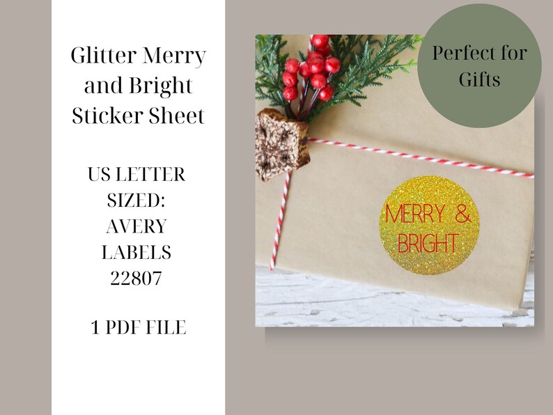 Gold Glitter Merry & Bright Christmas Stickers - Printable AVERY 22807 ...
