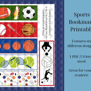 Sports Bookmark Printable Set | Sports Lover Bookmark | Birthday Gift ...
