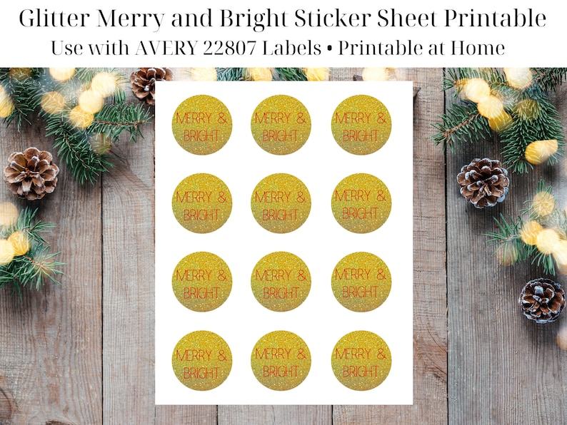 Gold Glitter Merry & Bright Christmas Stickers - Printable AVERY 22807 ...