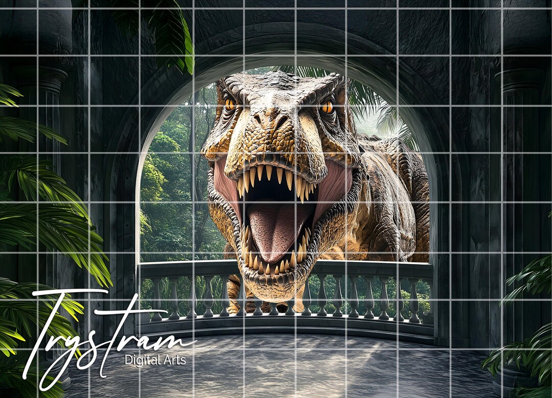T-rex Dinosaur on a Balcony Overlooking Rain Forest Digital Overlay for ...
