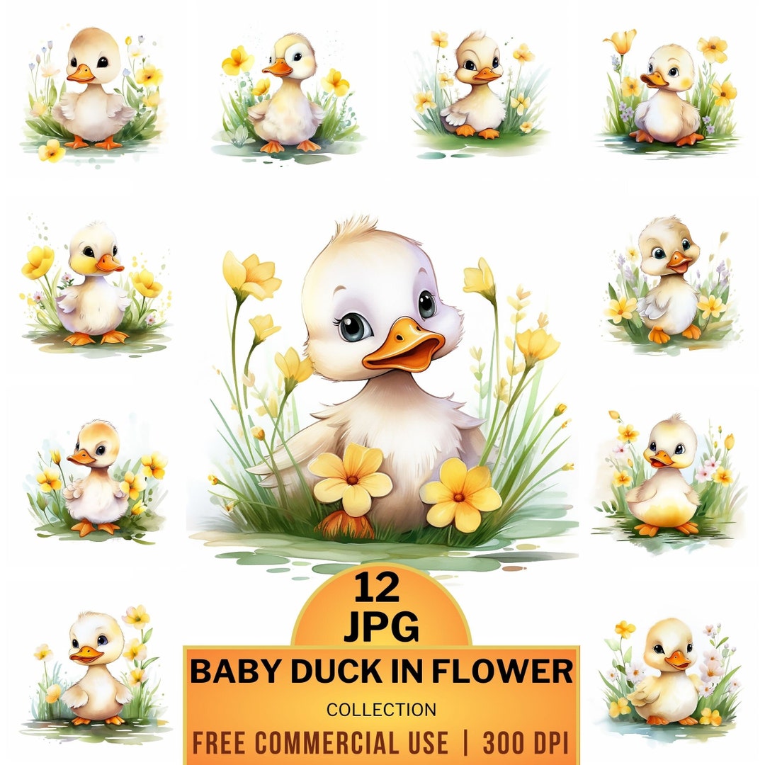 12 Baby Duck in Flower Cliparts, High-quality Jpgs Watercolor Animal ...