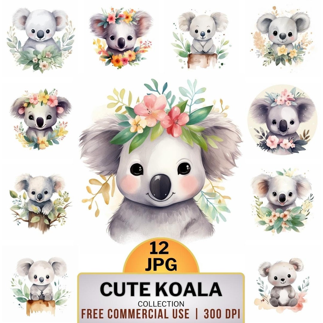 Watercolor Cute Koala Clipart, Set of 12 High-quality JPG, Watercolor ...