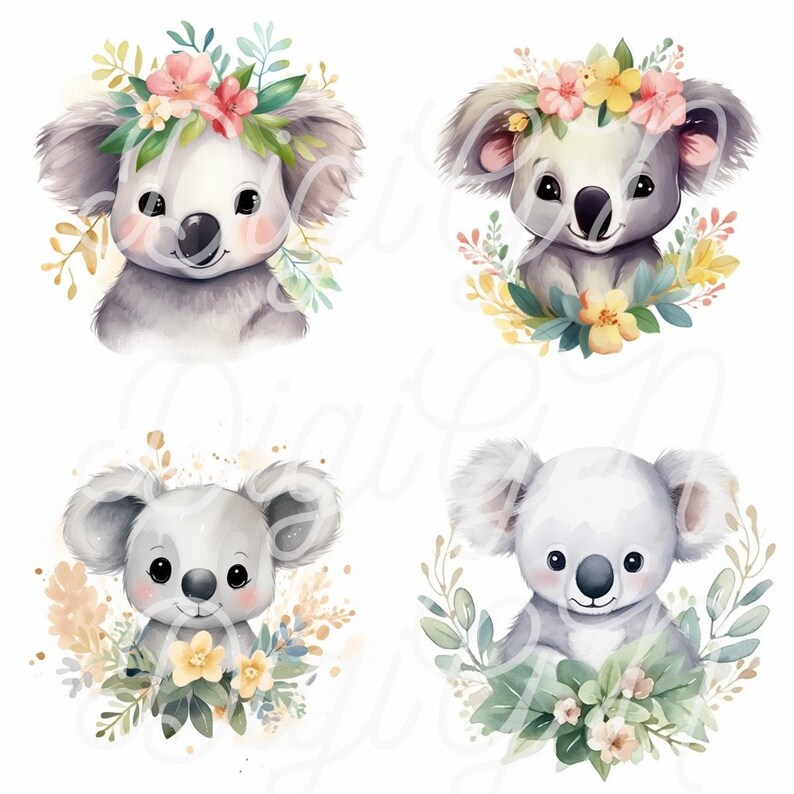 Watercolor Cute Koala Clipart, Set of 12 High-quality JPG, Watercolor ...