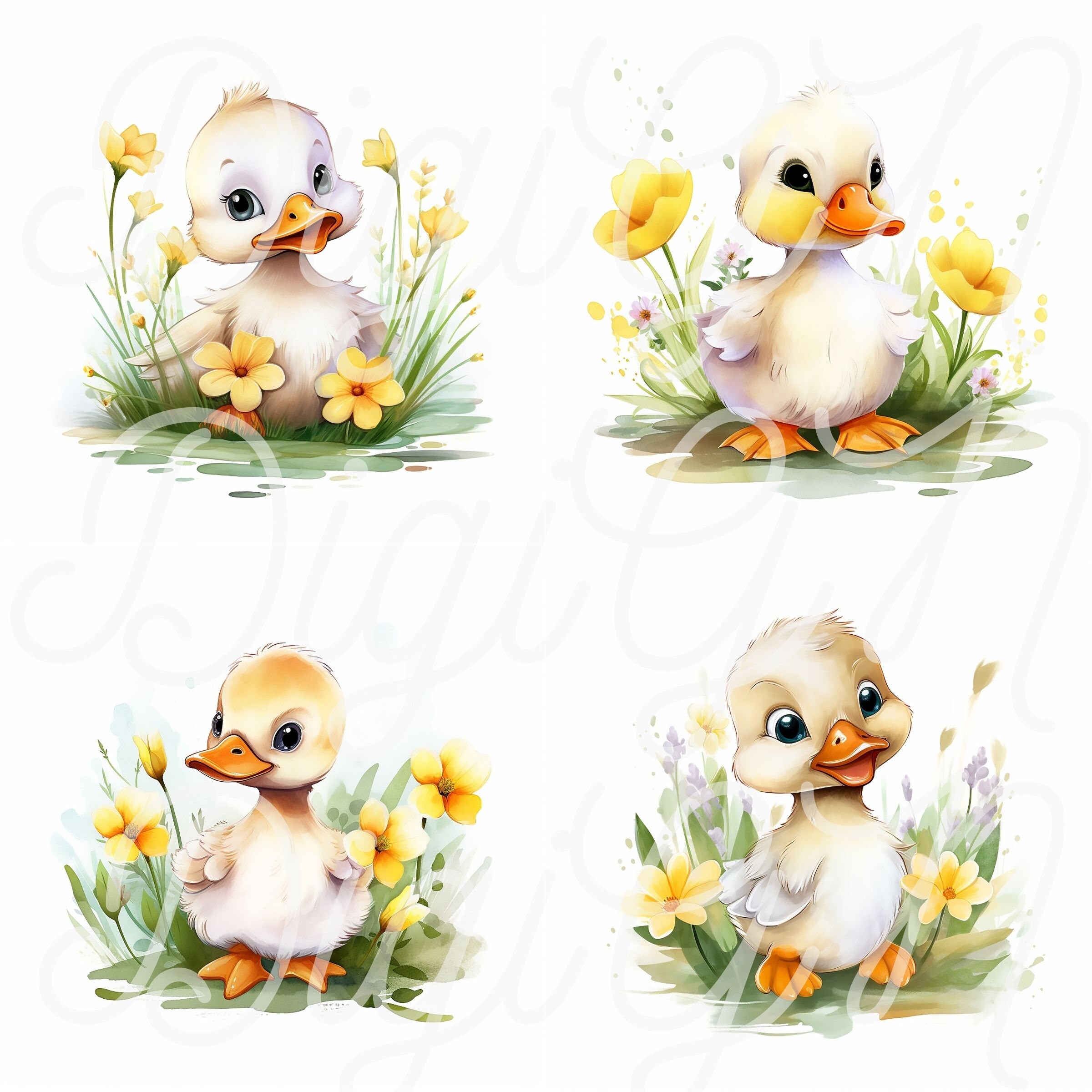 12 Baby Duck in Flower Cliparts, High-quality Jpgs Watercolor Animal ...