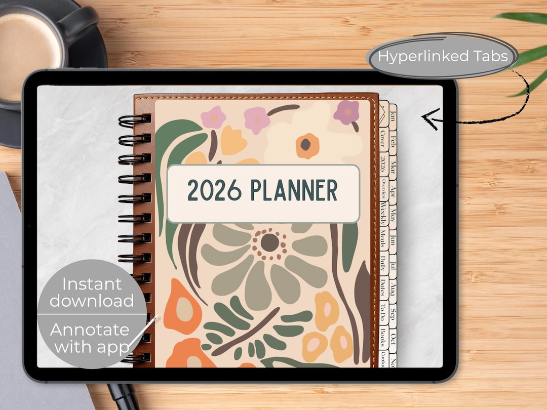2026 Digital Planner | Boho Flowers | Bohemian Hyperlinked Planner for ...