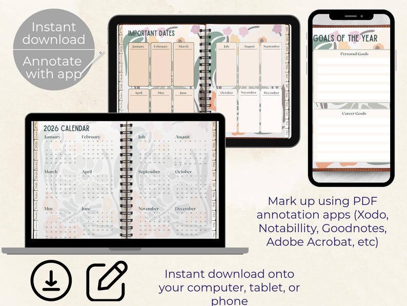 2026 Digital Planner | Boho Flowers | Bohemian Hyperlinked Planner for ...