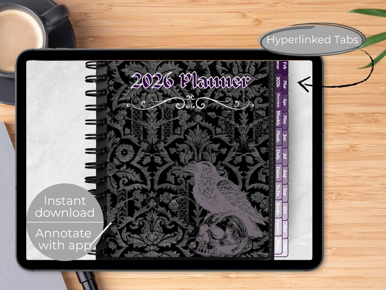 2026 Digital Planner | Black and Purple Damask Dark Academia ...