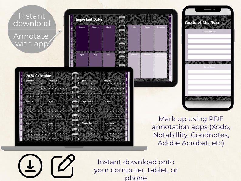2026 Digital Planner | Black and Purple Damask Dark Academia ...