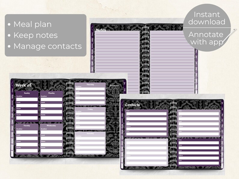 2026 Digital Planner | Black and Purple Damask Dark Academia ...