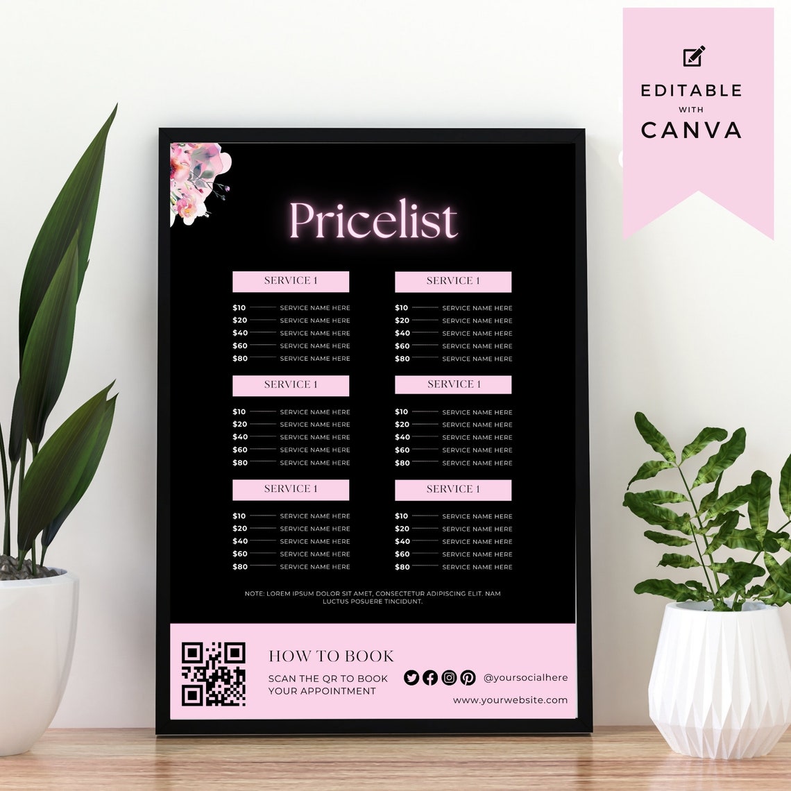 Black & Pink Salon Menu, Price List Hair Stylist Template, Service Menu ...