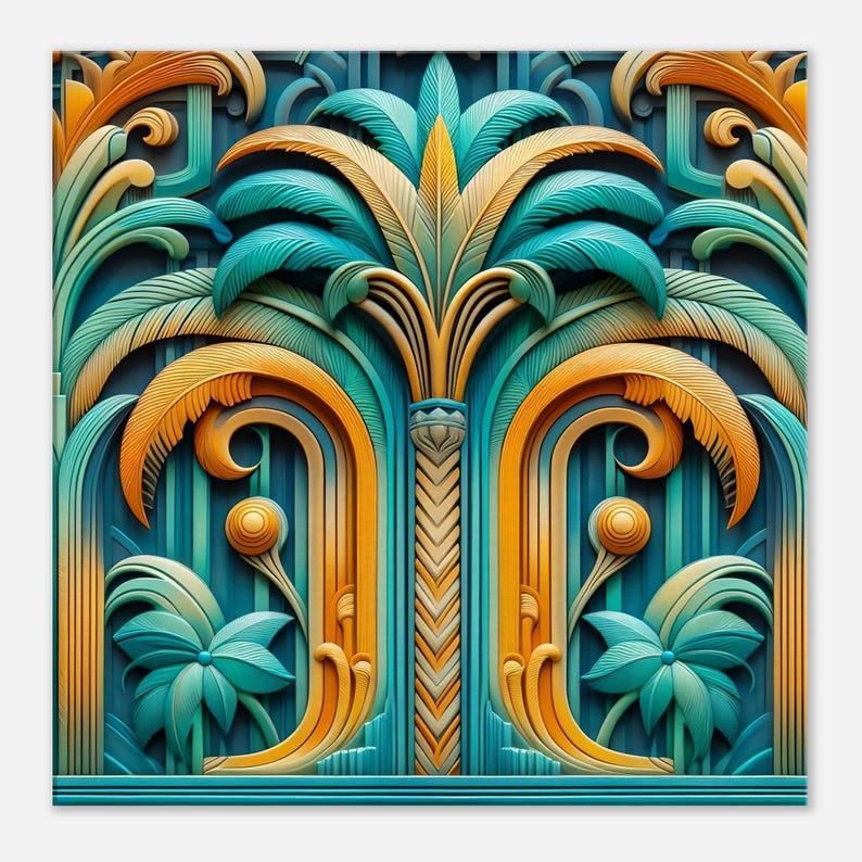 Art Deco Wall Art "palm Tree Tile" Printed on Slim Canvas. Colorful ...