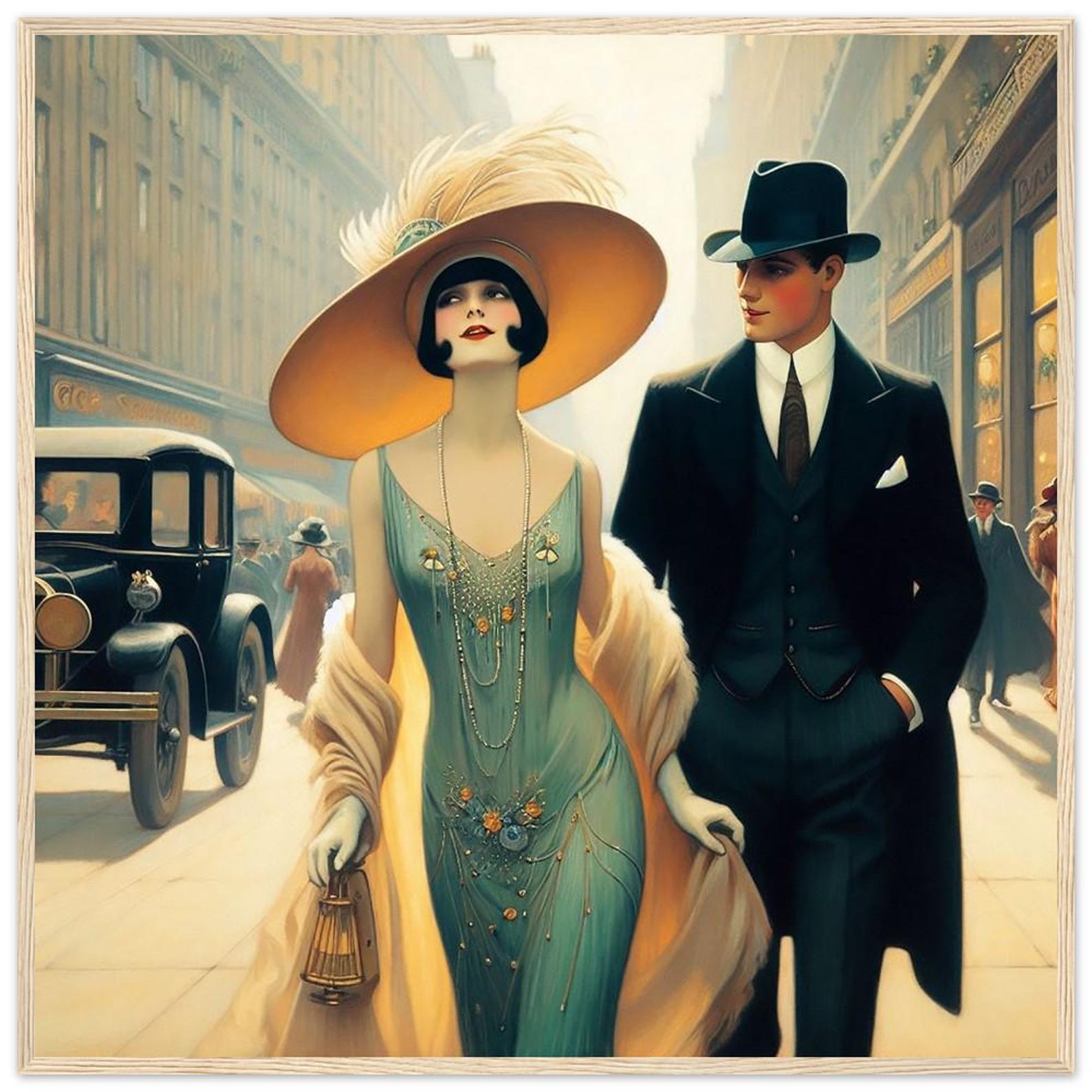 Art Deco Promenade Print, Elegant Couple, Black or Natural Wood Frame ...