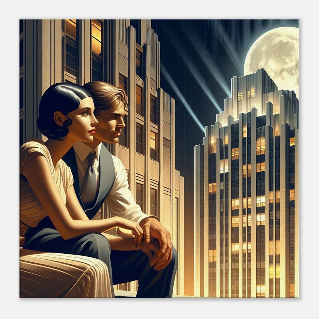 Art Deco Wall Art "lovers Sharing the Moon" Printed on Thin Canvas ...