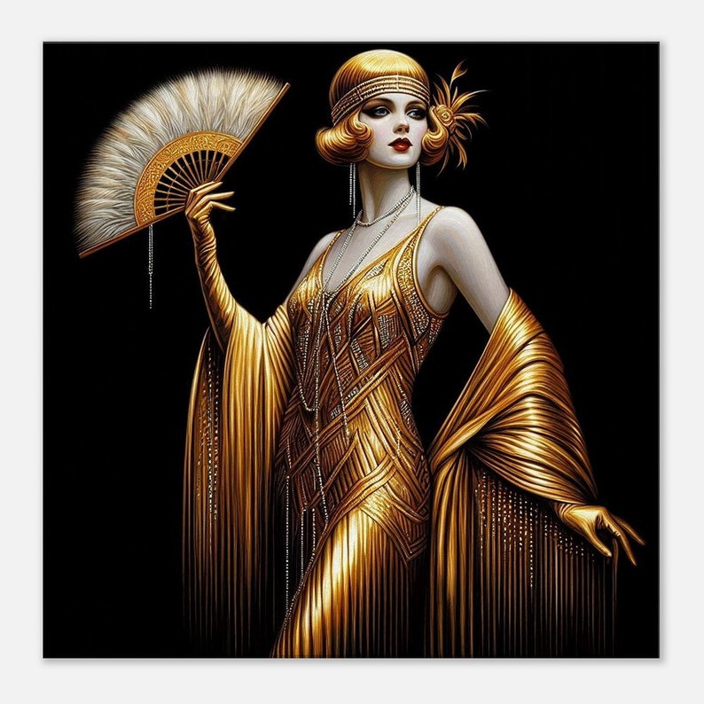 Art Deco Wall Art "golden Flapper With Fan" Printed on Slim Canvas. Art ...