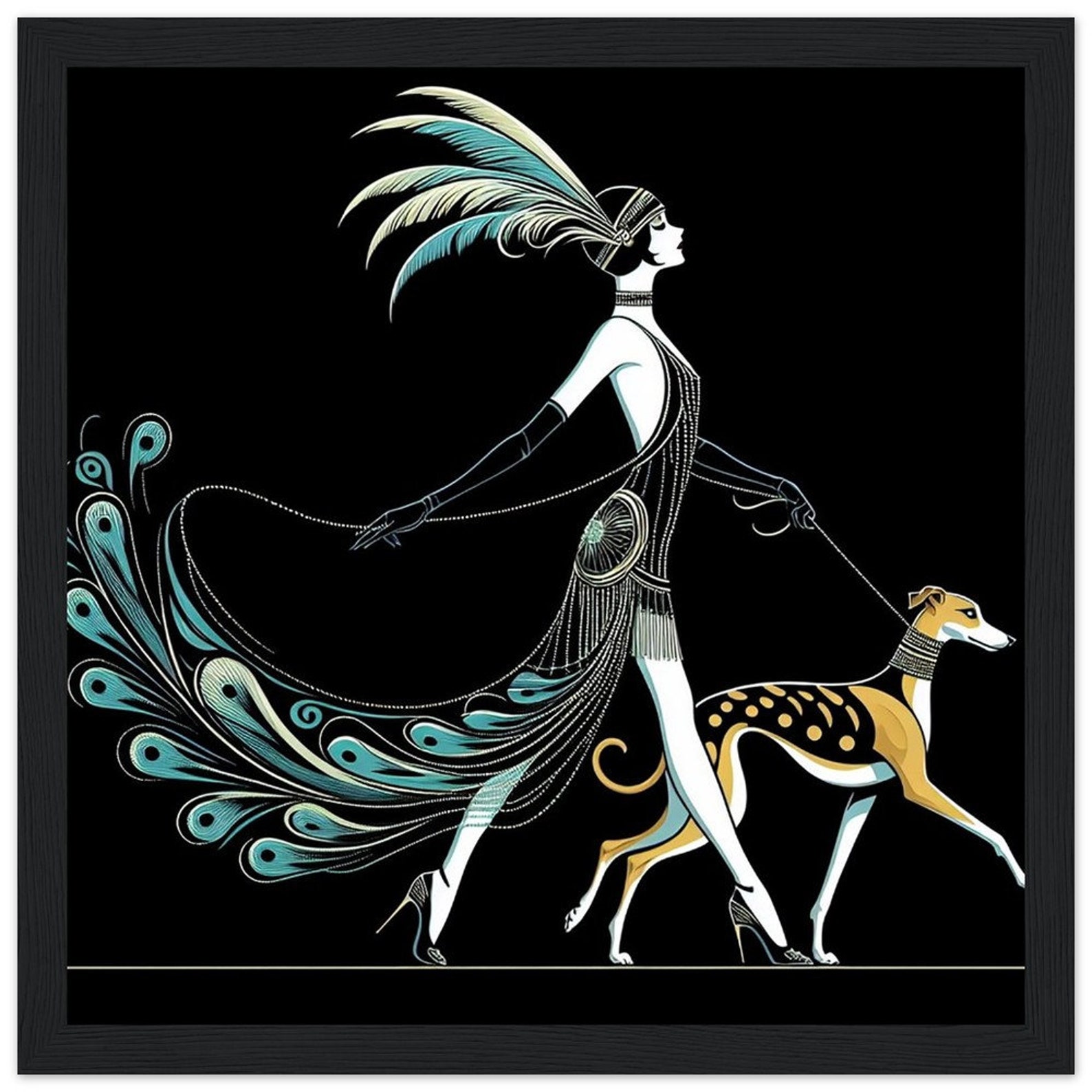 Art Deco Wall Art flapper Strolling With Her Whippet Dog Printed on ...