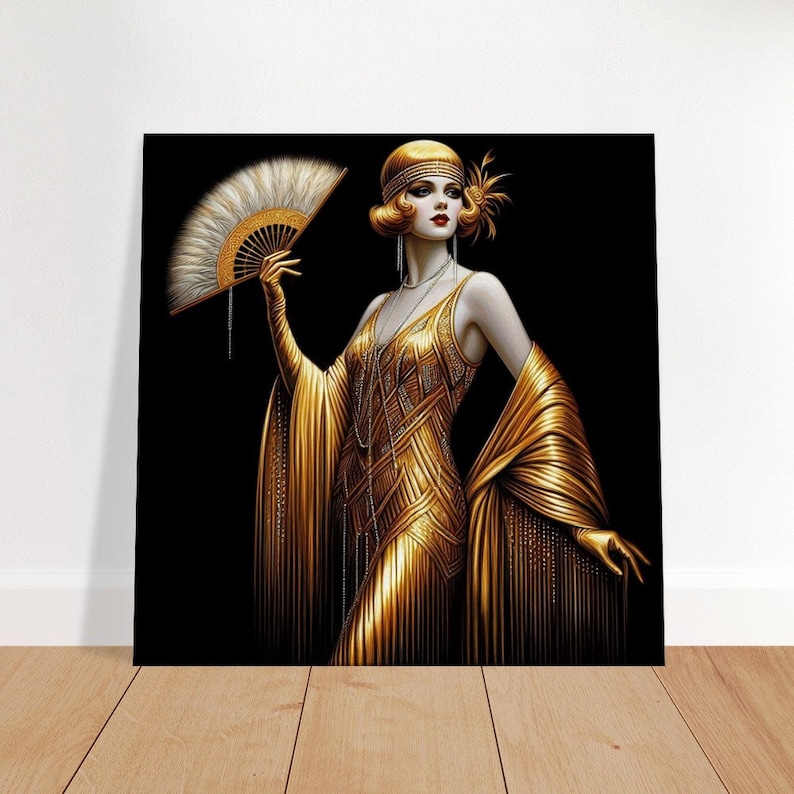 Art Deco Wall Art "golden Flapper With Fan" Printed on Slim Canvas. Art ...