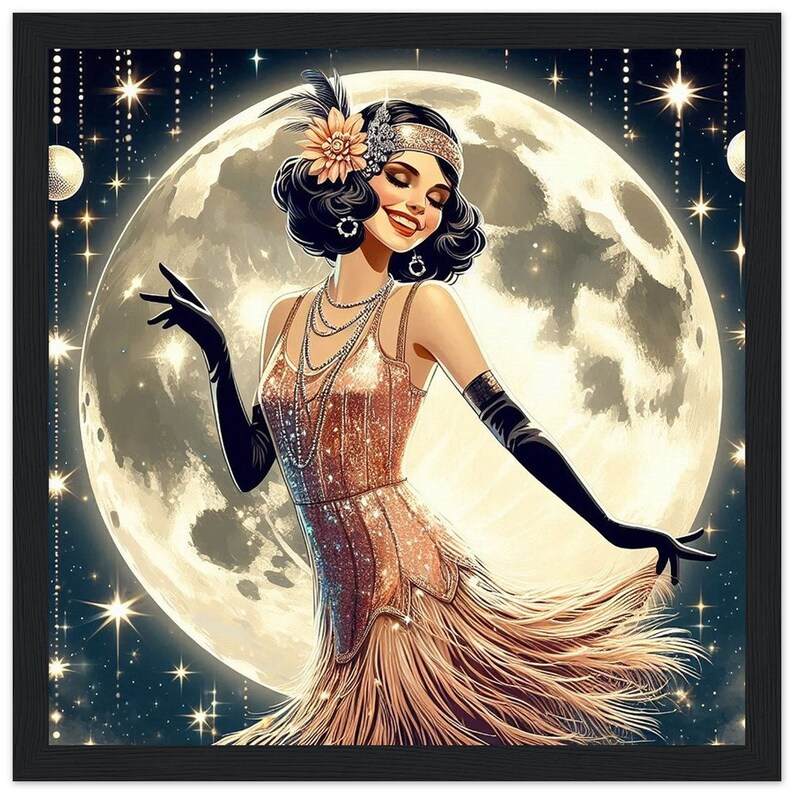 Art Deco roaring 20s Artistic Lady on Moon Wooden Framed Print & Poster ...