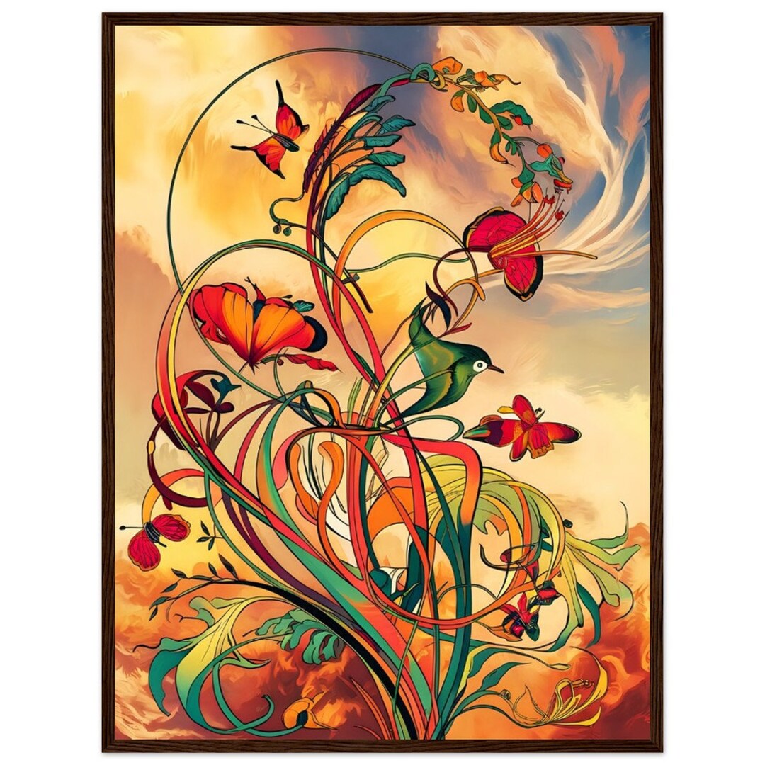 Art Nouveau Wall Art sinuous Vines With Butterflies Classic Matte Paper ...