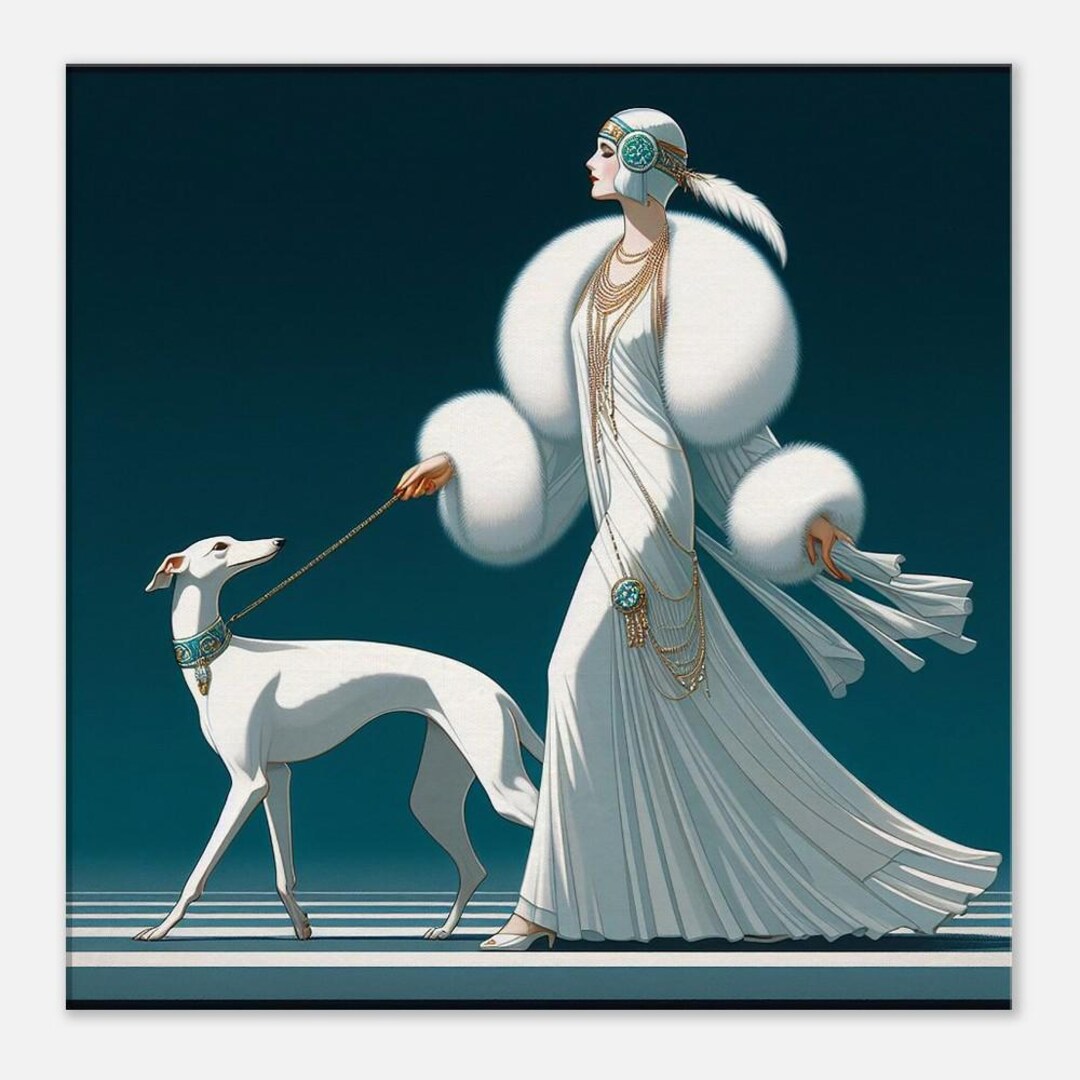 Art Deco Wall Art "white Whippet With Woman" Printed on Slim Canvas - Etsy