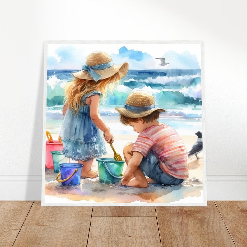 Children's Beach Art Print, Kids Playing in Sand, Framed Matte Paper - Etsy