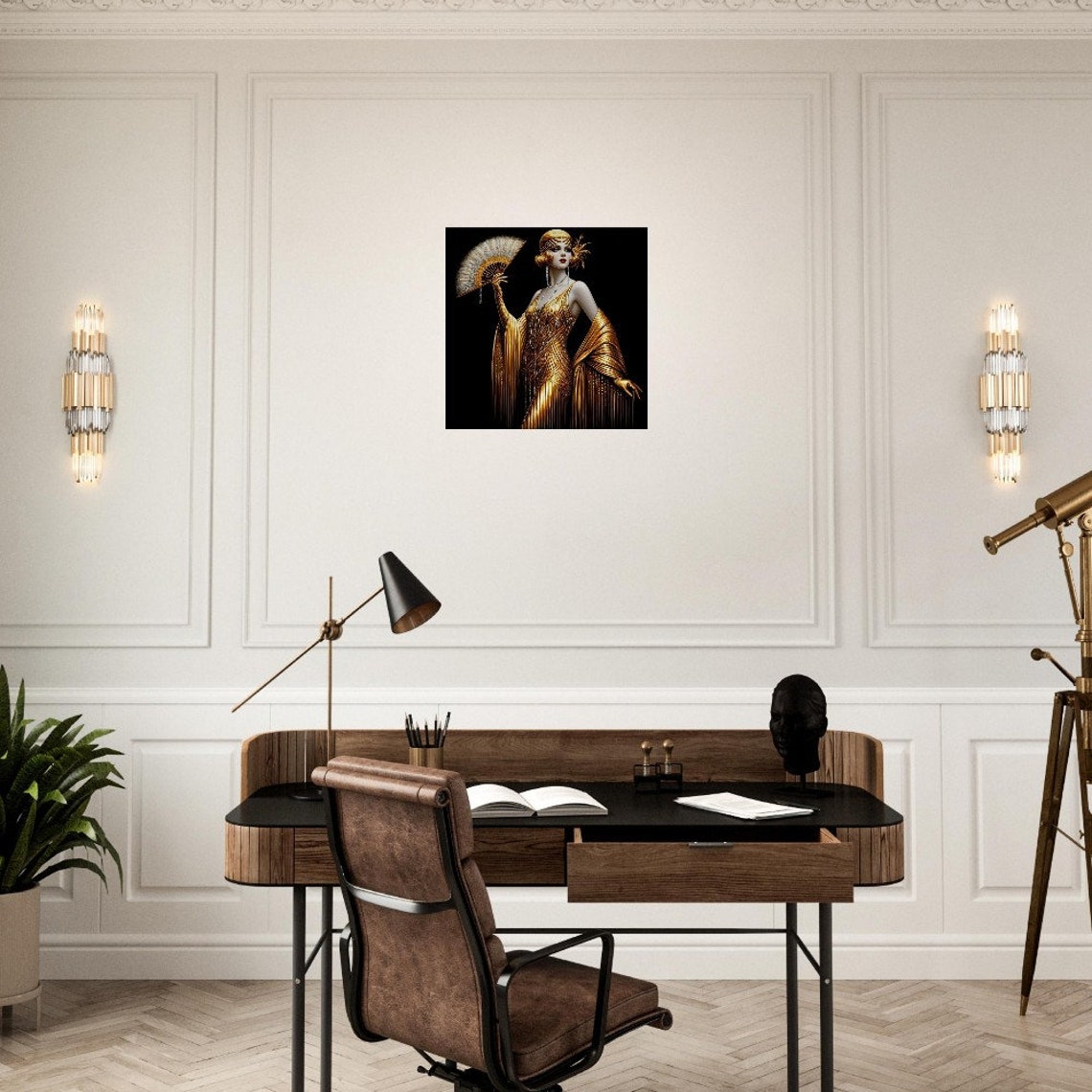 Art Deco Wall Art golden Flapper With Fan Printed on Thin Canvas. Art ...