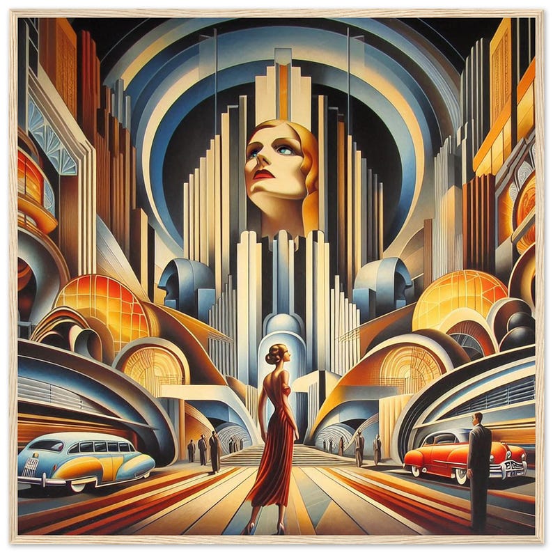 Art Deco Detroit Mural: "motor City" Style Wall Art, Wood Framed Poster ...