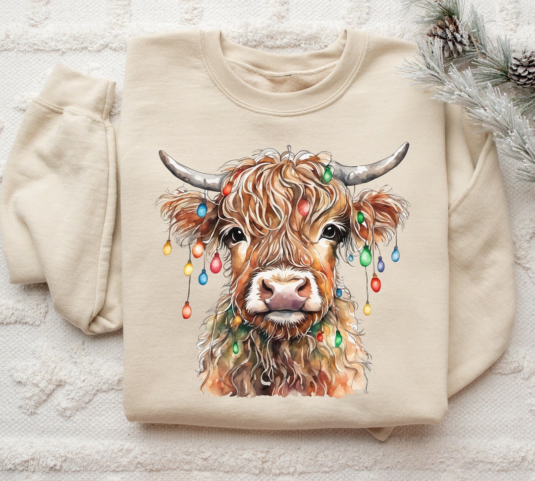 Christmas Cow Sweatshirt, Cow Lights Sweater, Cow Women Sweatshirt, Cow ...