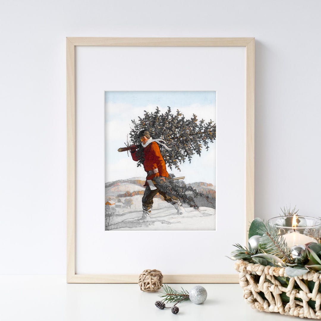 Rustic Christmas Tree Carrier Art Print: Vintage Winter Scene (digital ...