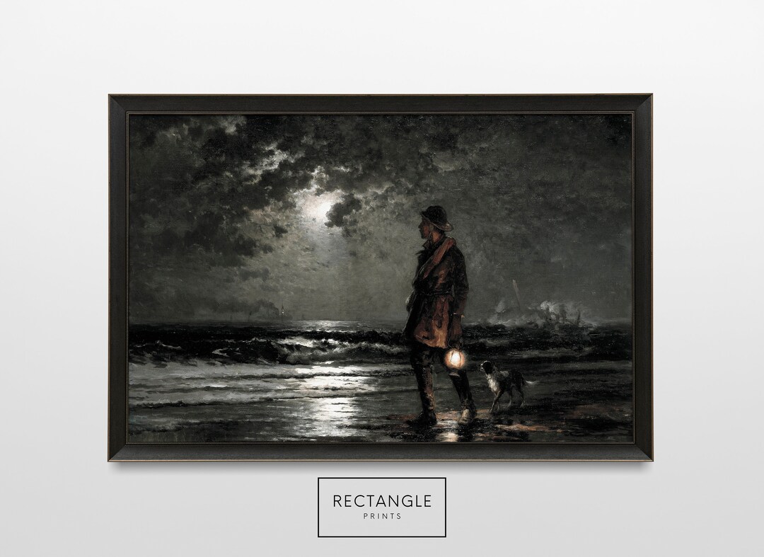 Vintage Beach Moonlight Walk Painting: Moody Nautical Art (digital ...
