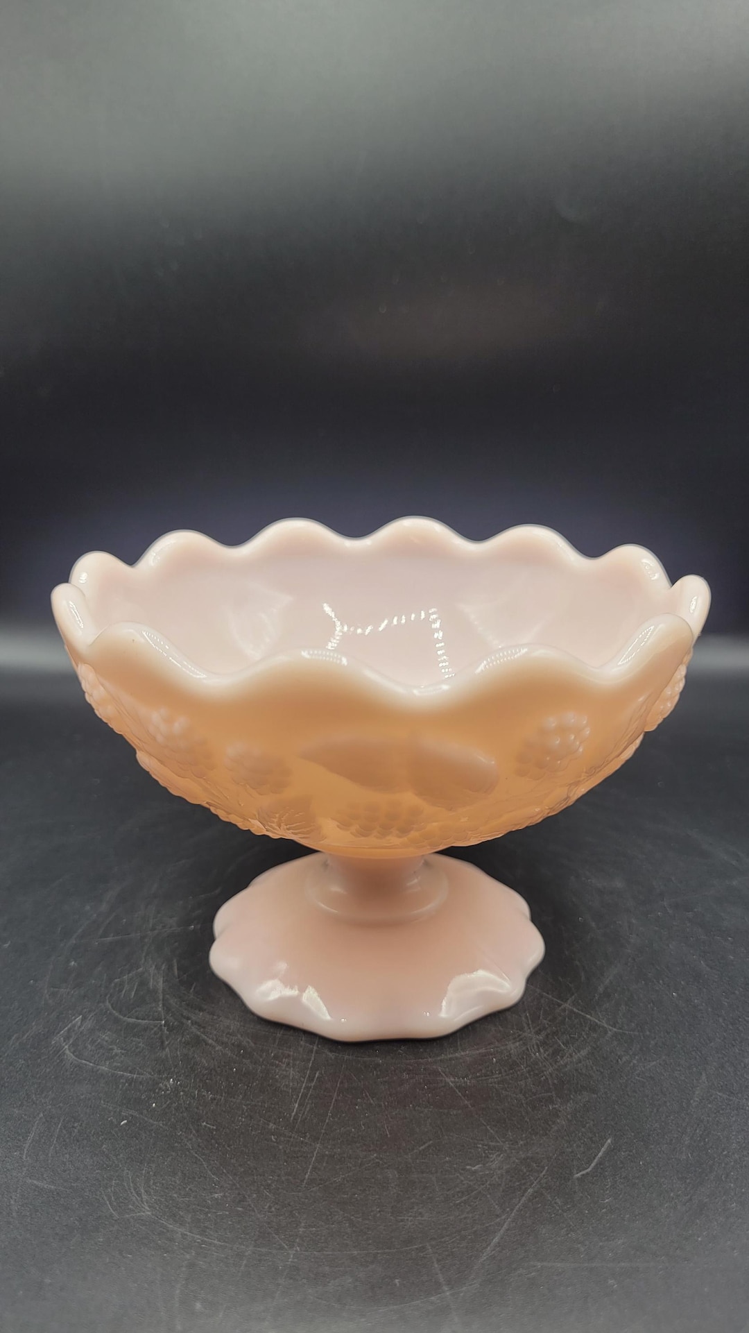 Vintage Fostoria Pink Milk Glass Footed Bowl Berries Leaves Raised ...