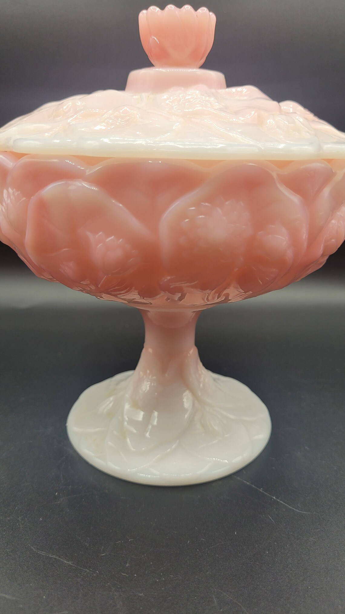 Fenton Pink Rosaline Water Lily Covered Footed Candy Dish Bowl Compote ...