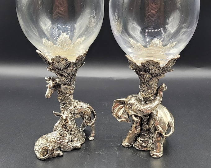 Arthur Court Giraffe and Elephant Pair Safari Wine Glasses Goblet ...