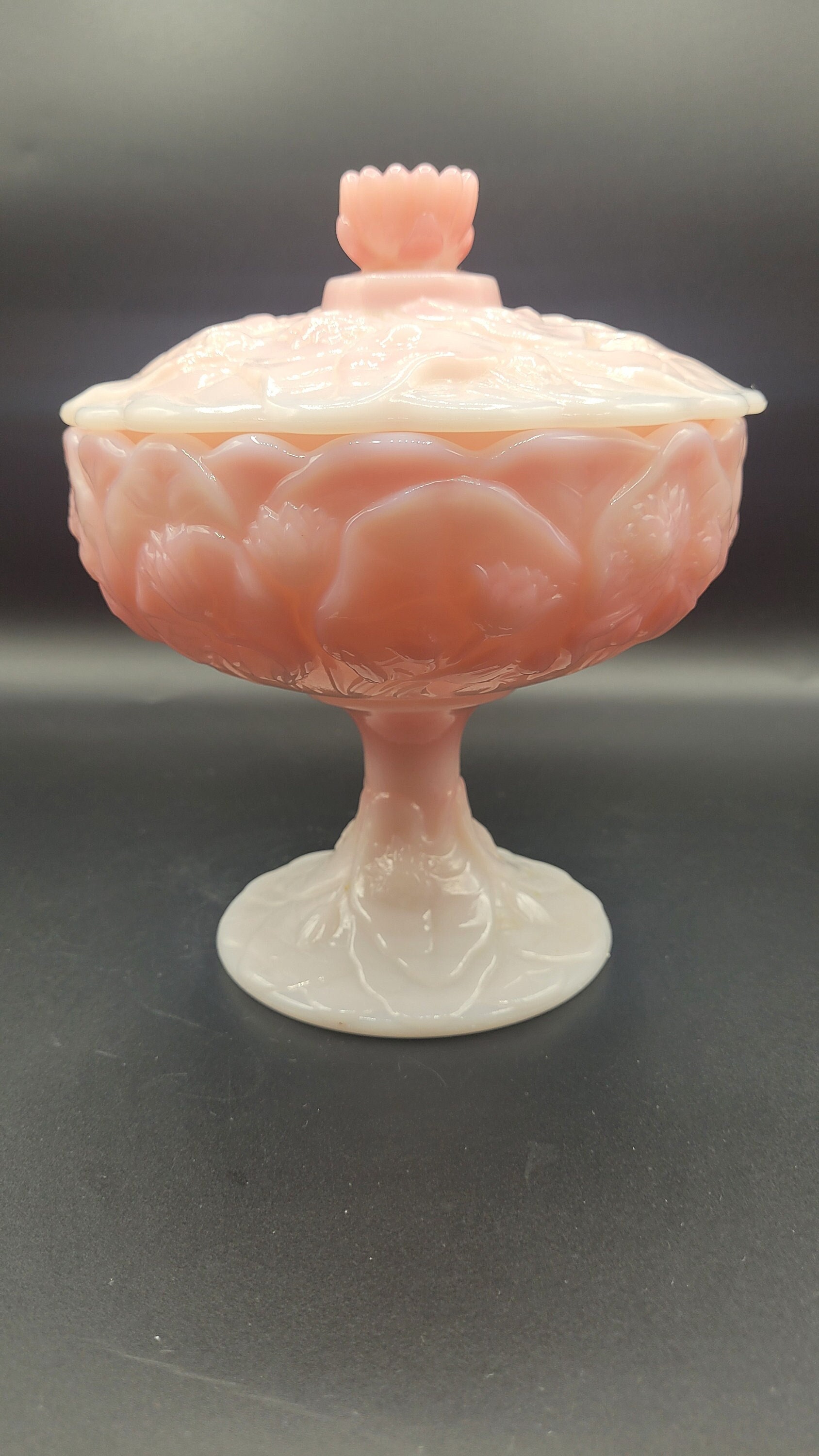 Fenton Pink Rosaline Water Lily Covered Footed Candy Dish Bowl Compote Flowers Lidded White ...