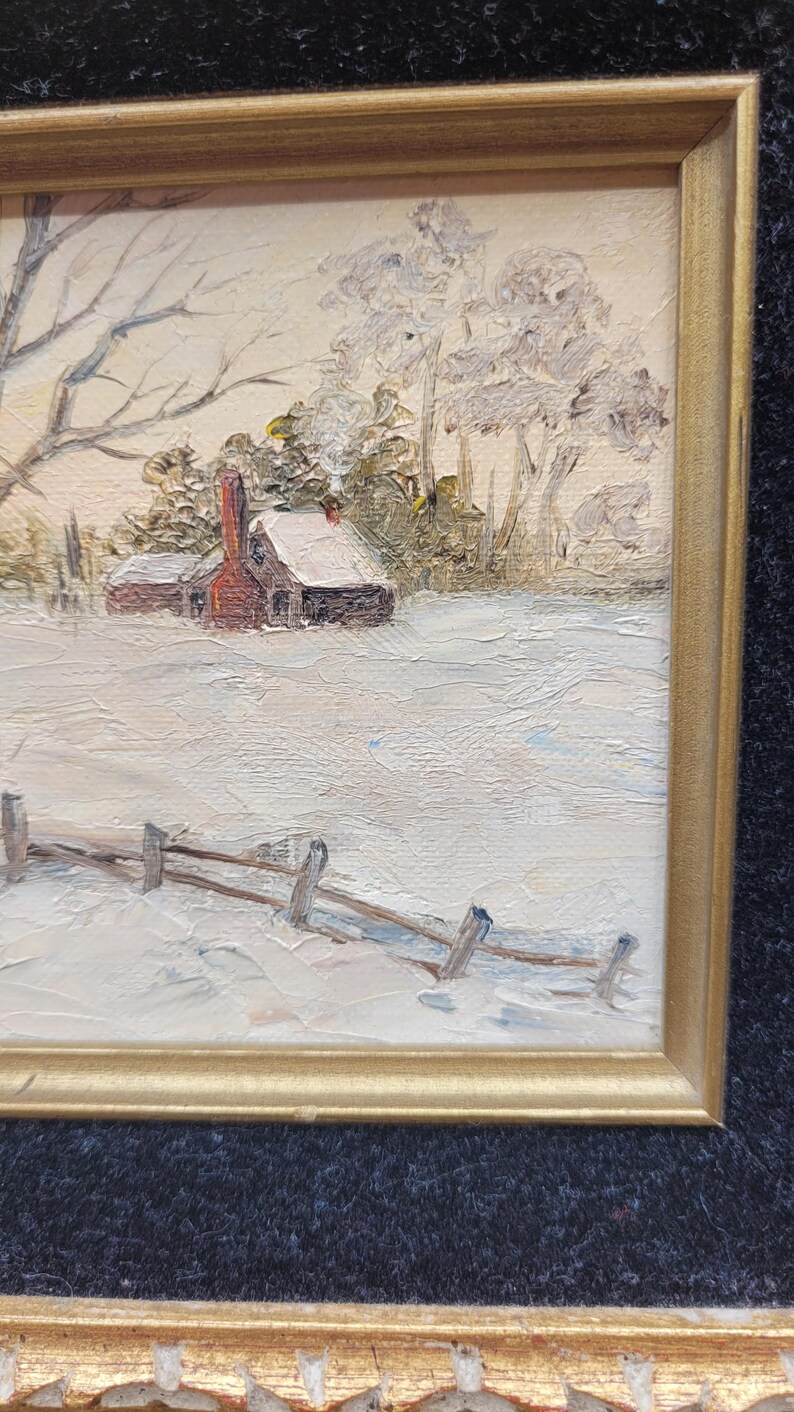 Vintage Wintry Cabin in Woods Scene Oil Painting by Effie Moore Gold Frame Black Velvet Mat Snow ...