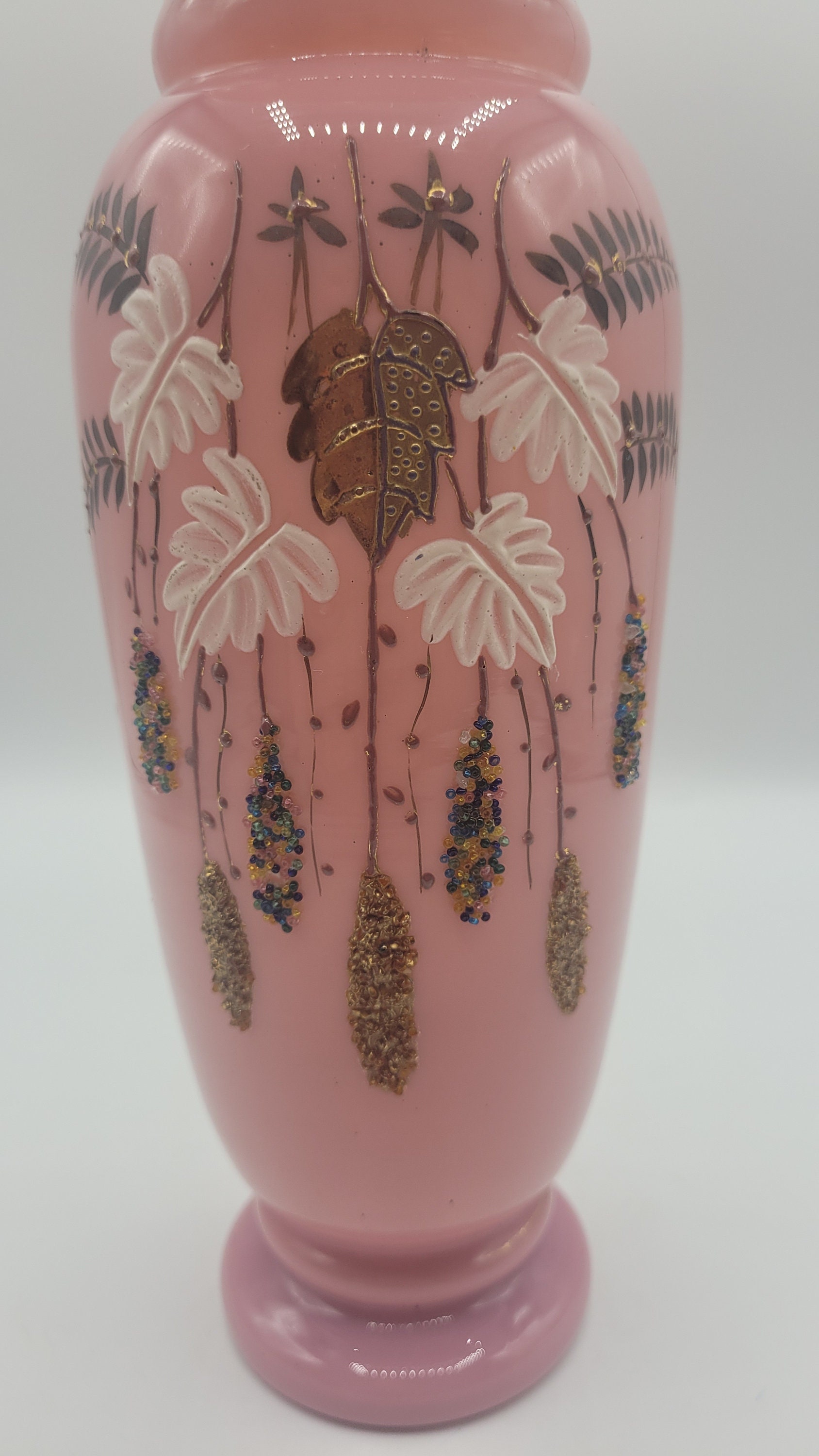 Antique Vintage Victorian Pink Bristol Glass Vase Hand Painted Raised ...