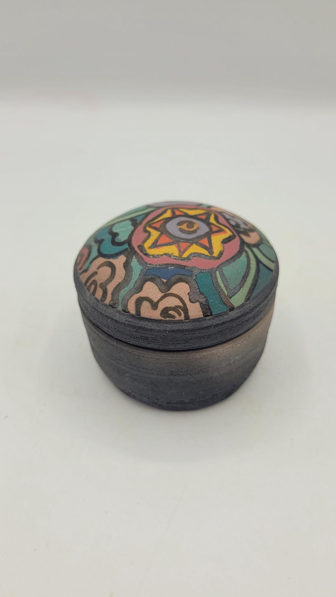 Vintage Raku Fired Round Ceramic Pottery Trinket Box Colorful Hand ...