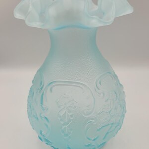 Vintage Celestial Blue Opalescent Bowknot Wild Roses Fenton Vase Ice ...