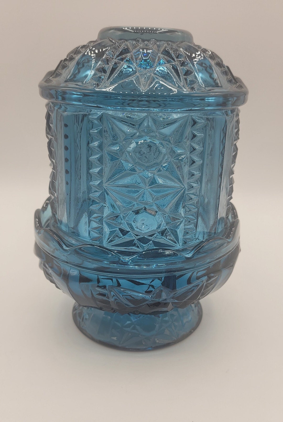 Vintage Indiana Glass Star and Bars Fairy Lamp Blue Two Piece Pedestal ...